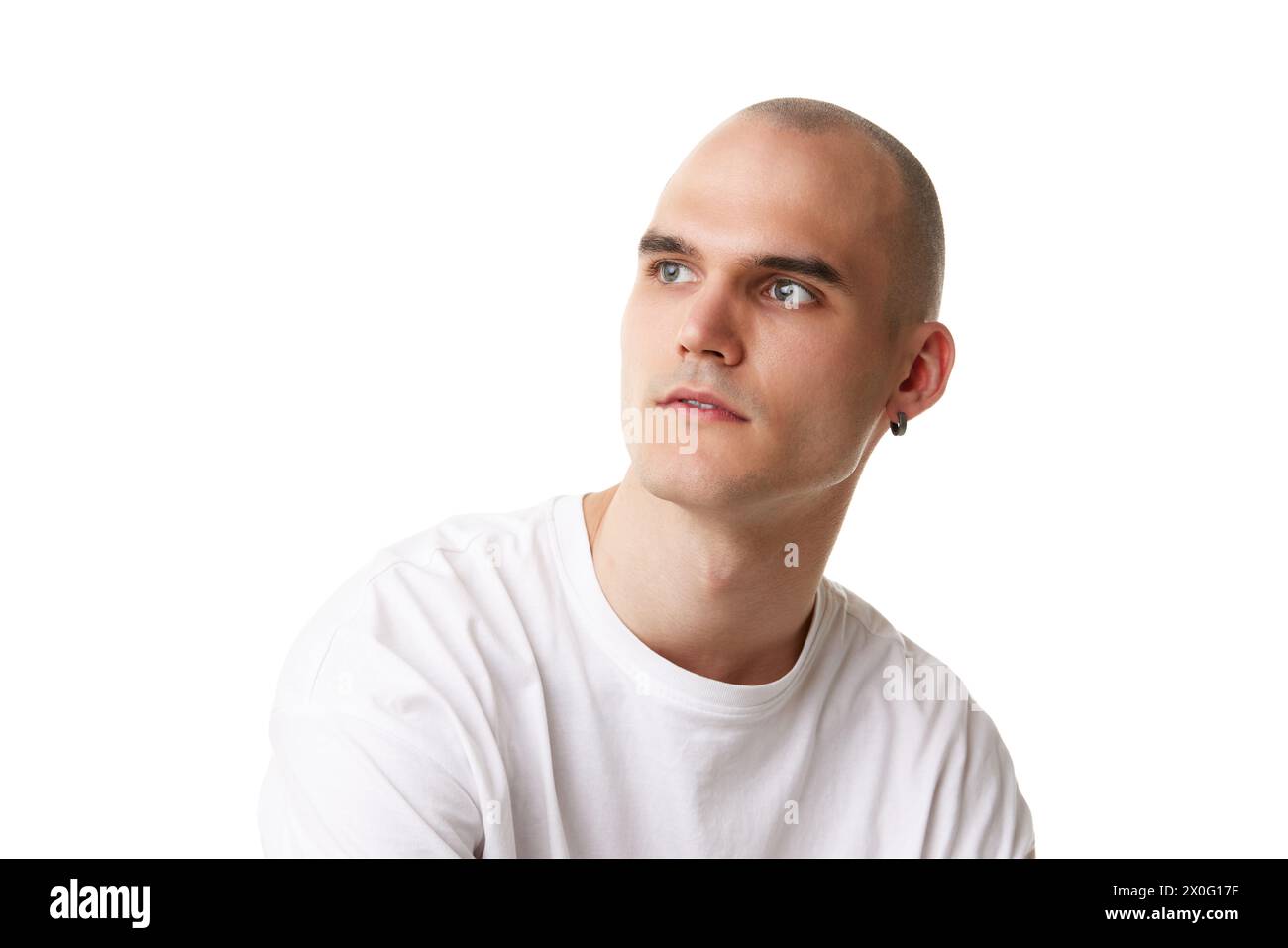 Portrait of handsome bald man with shaved clear spotless face and ear ...