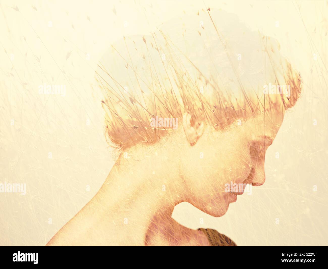 Art, illustration and woman with nature overlay for beauty, soft or ...