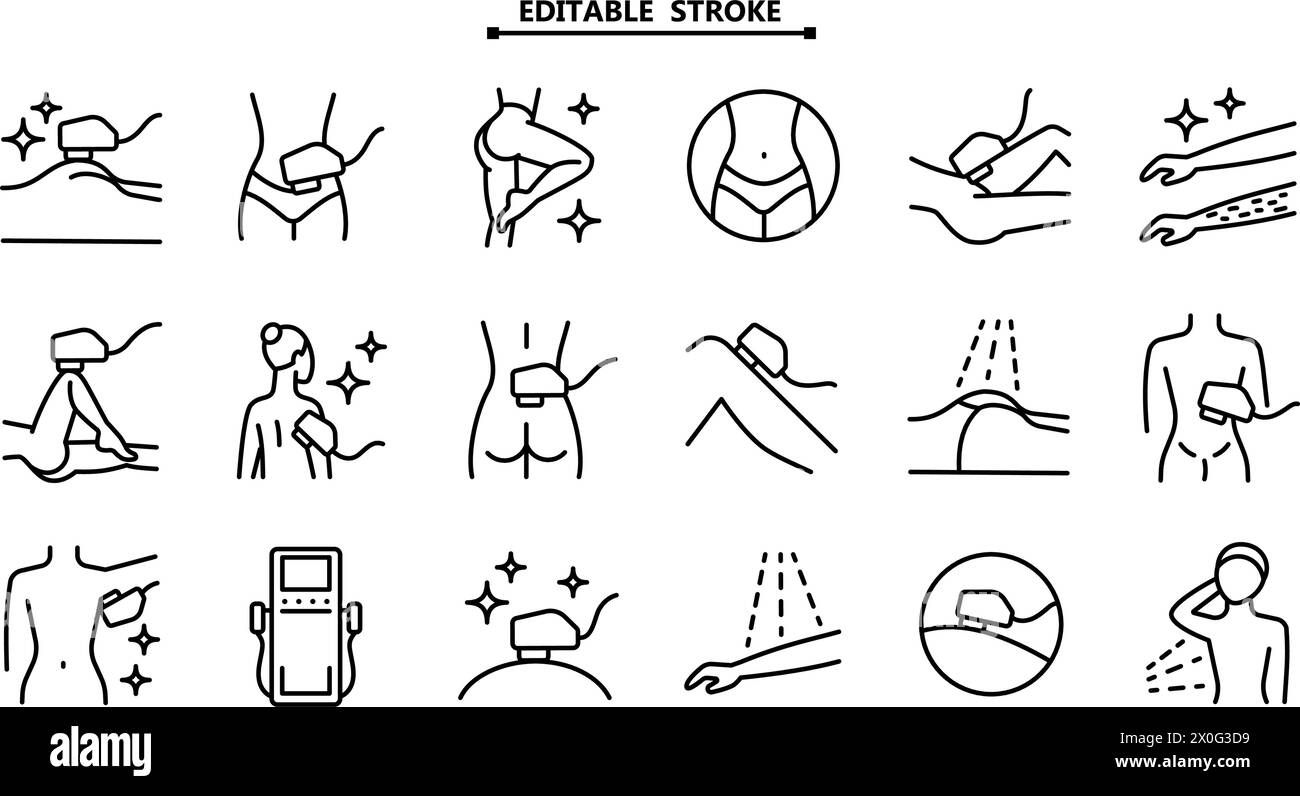 Laser hair removal line icons set. Editable stroke. Outline epilation symbols. Apparatus ...