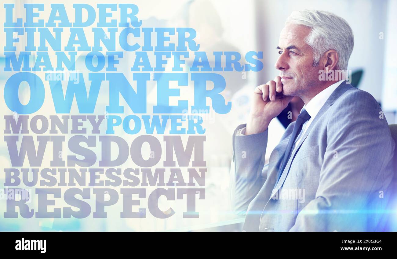 Business owner, man and thinking with words for leadership in finance ...