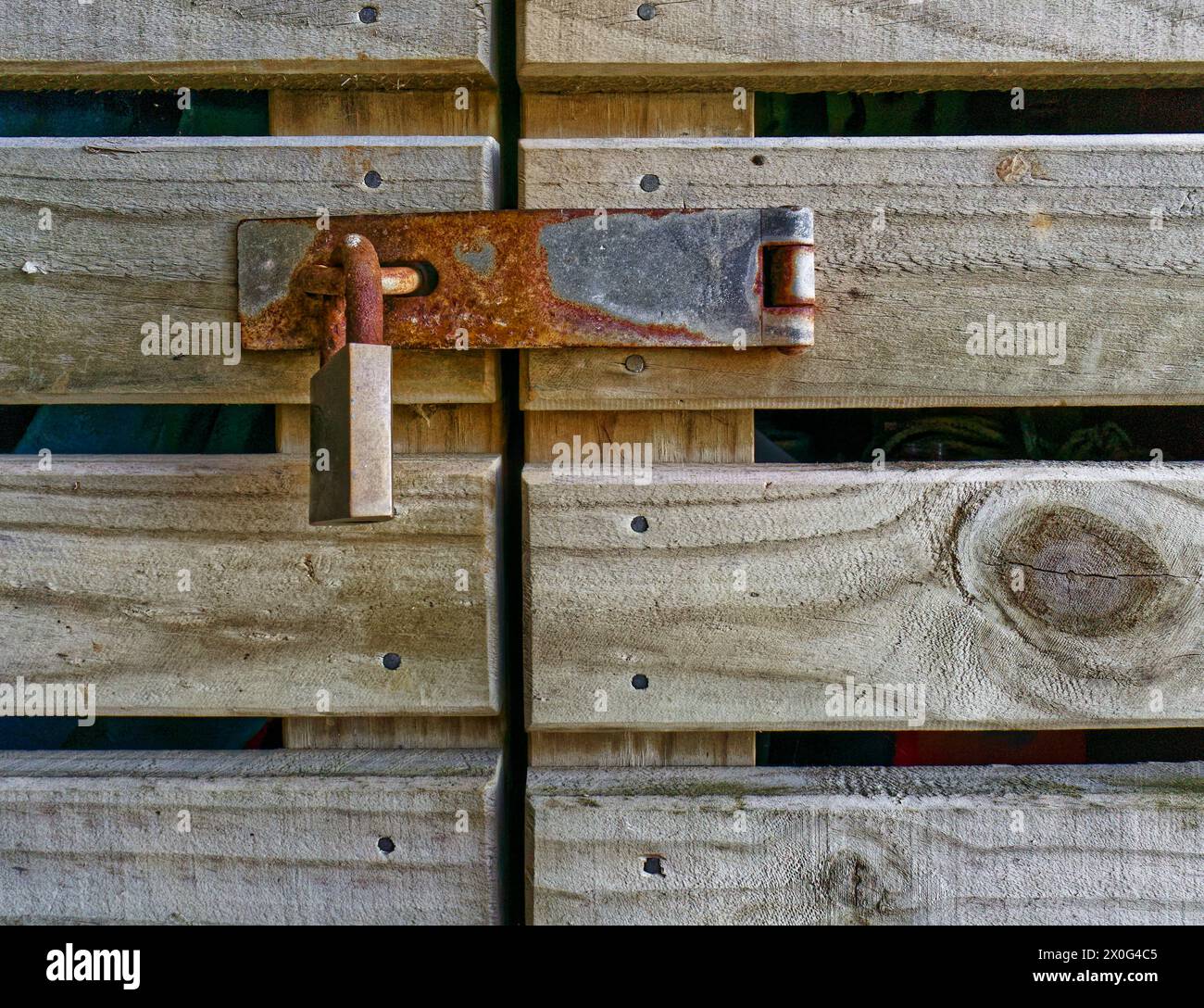 Rusty lock, hasp and staple on a wooden farmyard barn door Stock Photo ...
