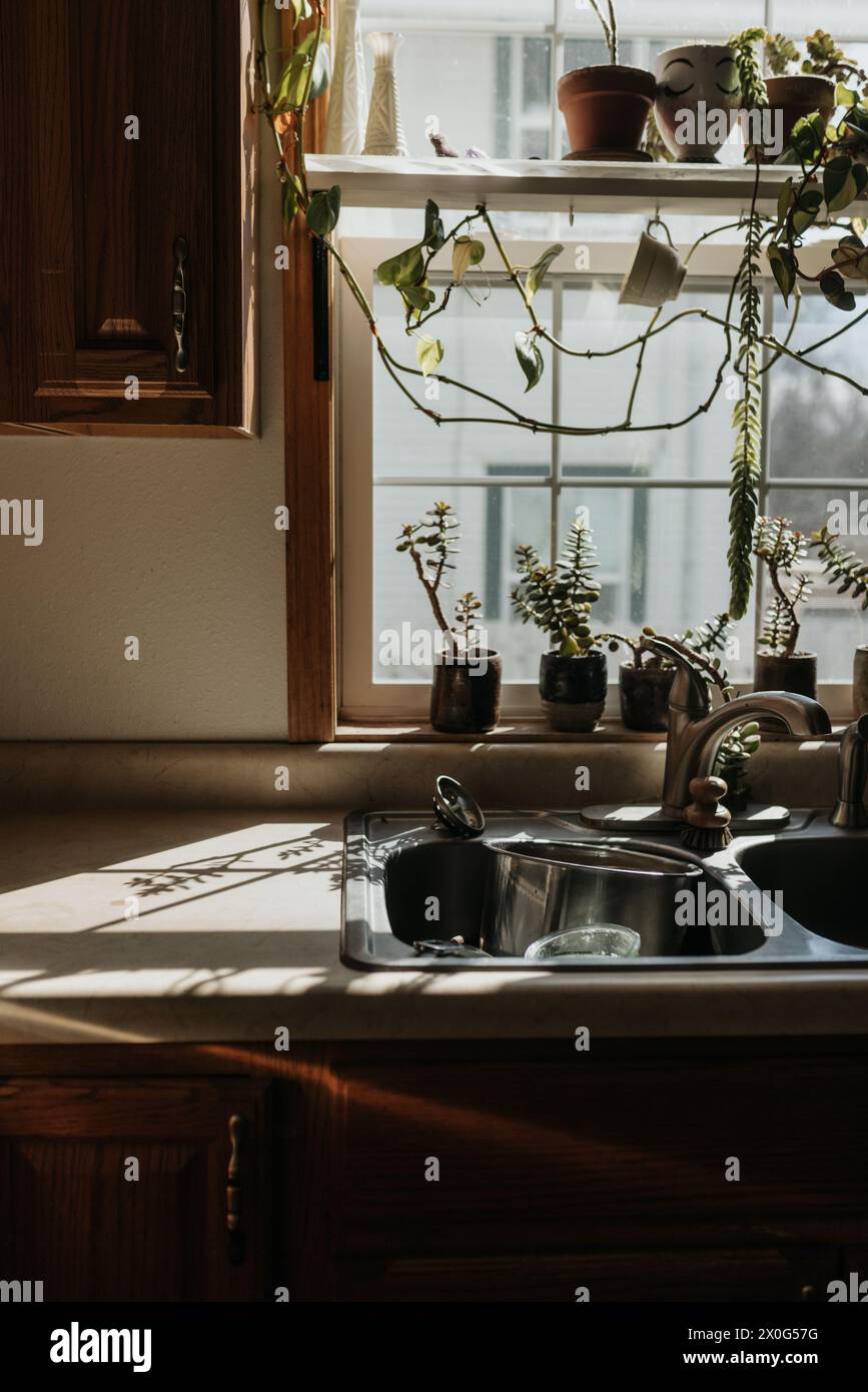 Sun streams in kitchen window with sink full of dirty dishes Stock ...