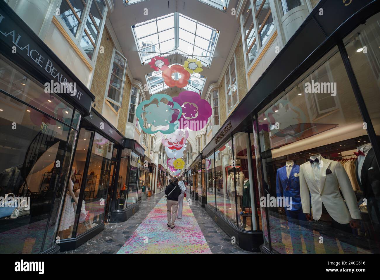London 12 April 2024 . Rosette flowers decorate the Burlington Arcade ...