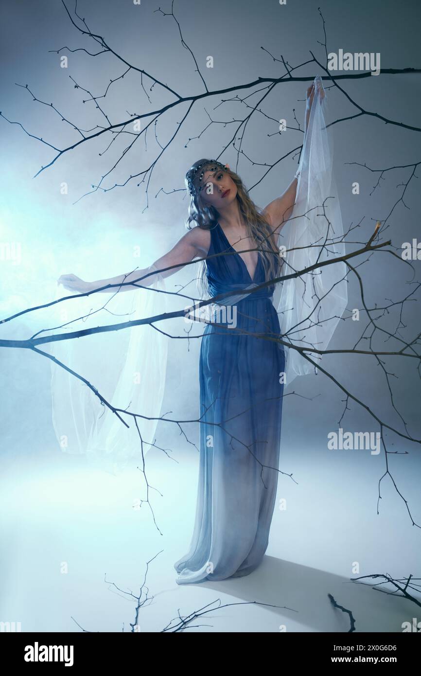 A young woman, resembling an elf princess, stands elegantly in a blue ...