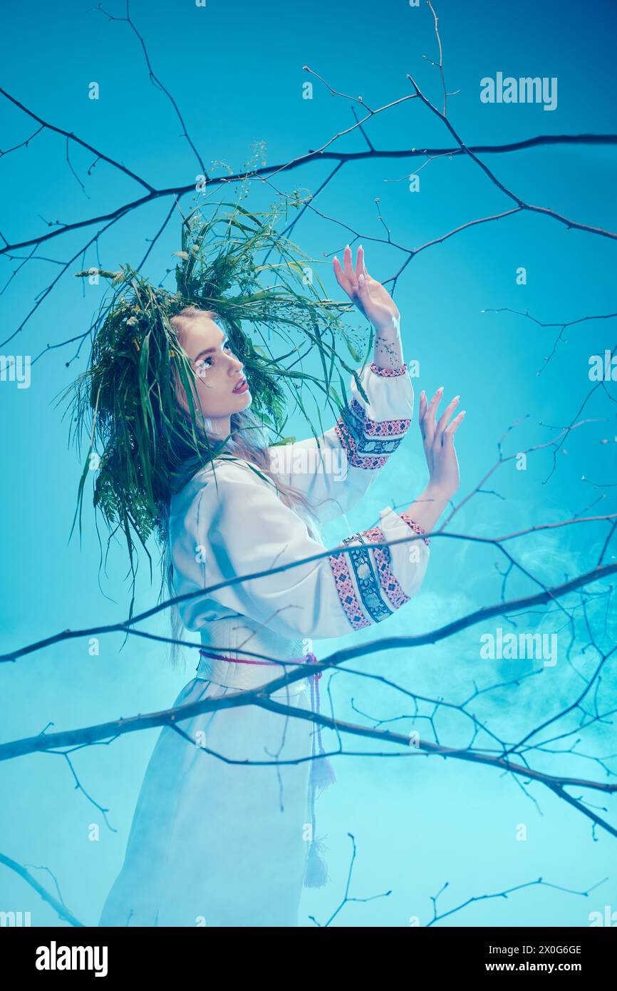 A young mavka in traditional attire with ornate dreadlocks standing ...