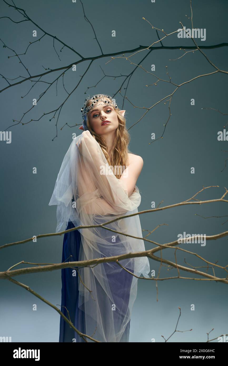 A young woman in a white dress embodies an ethereal presence as she ...