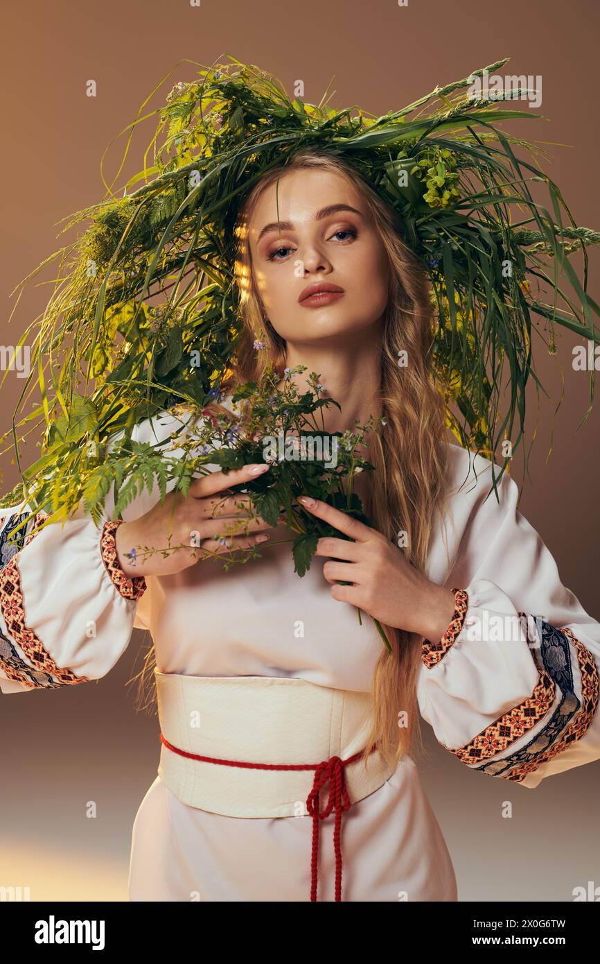 A young woman adorned in a traditional outfit, wearing an ornate floral ...