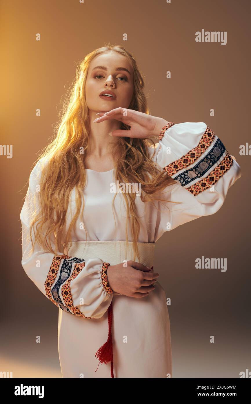 A young maiden dressed in white poses gracefully, embodying an aura of ...
