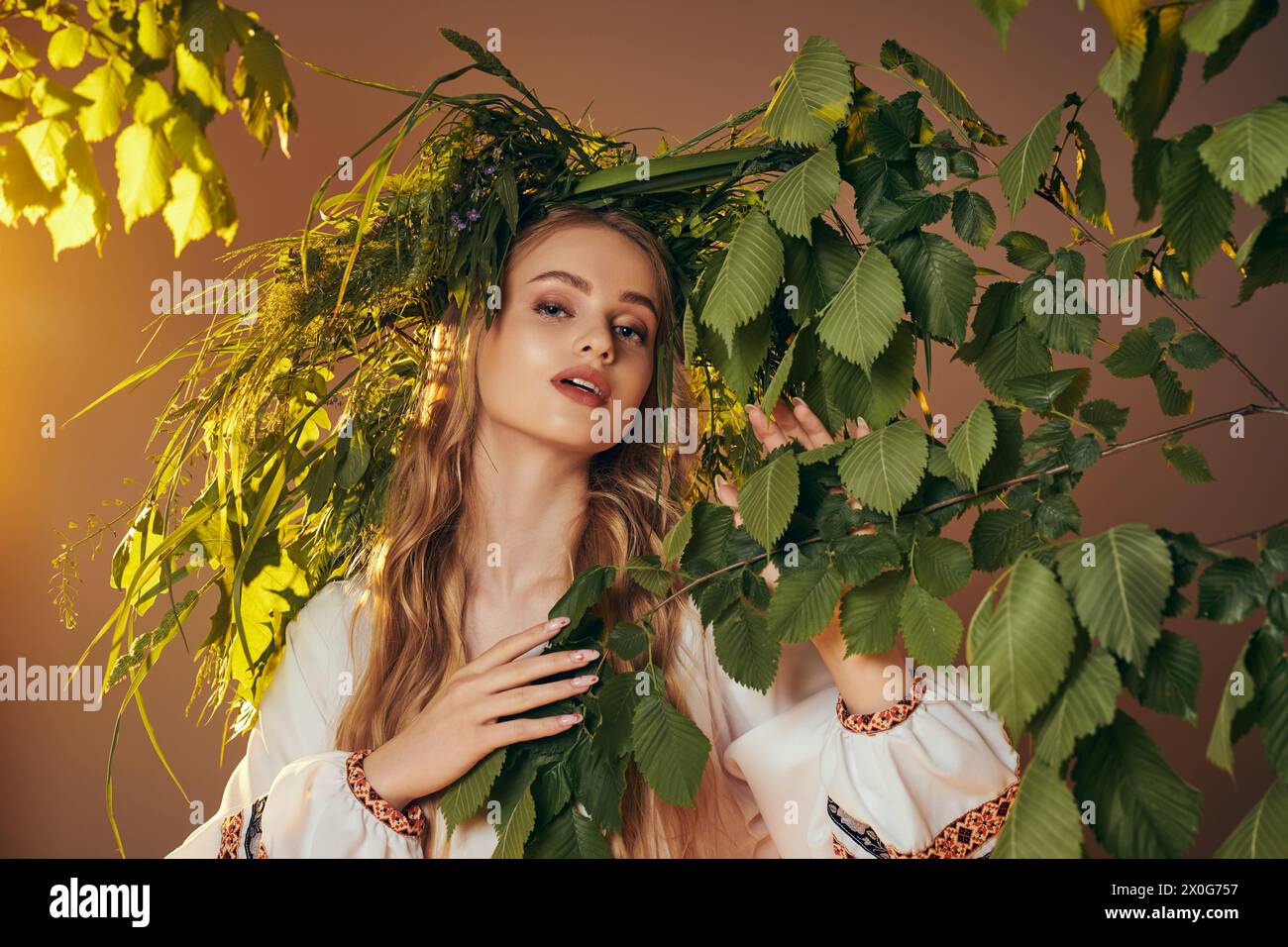 A young mavka in traditional attire wearing a wreath of leaves, exuding a mystical and whimsical ...