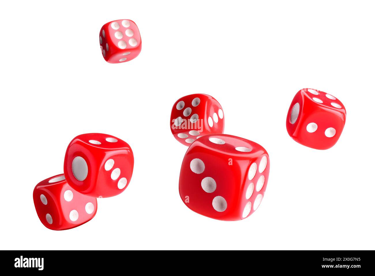 Six red dice in air on white background Stock Photo - Alamy