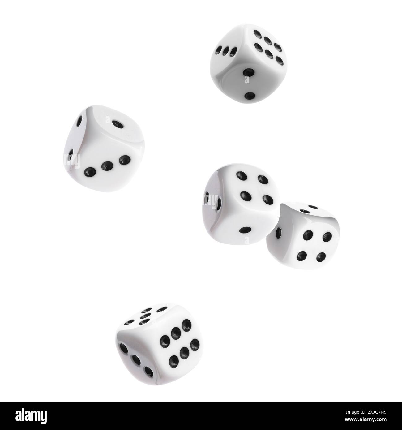 Five dice in air on white background Stock Photo - Alamy