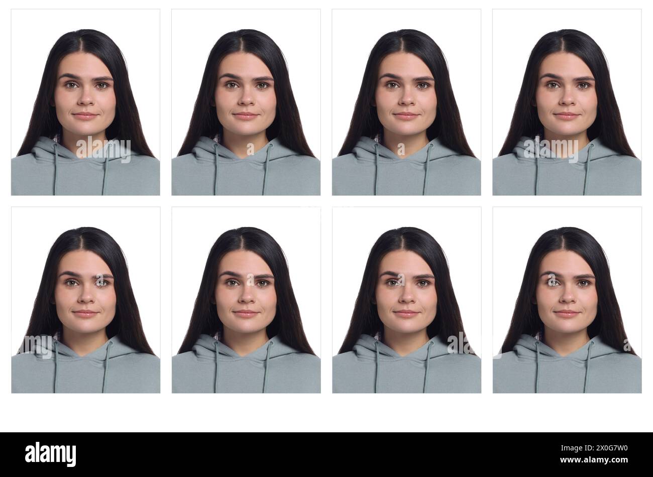 Passport photo, collage. Woman on white background, set of photos Stock ...