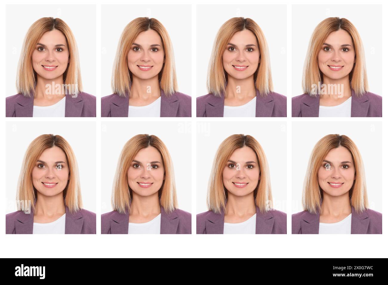 Passport photo, collage. Woman on white background, set of photos Stock ...