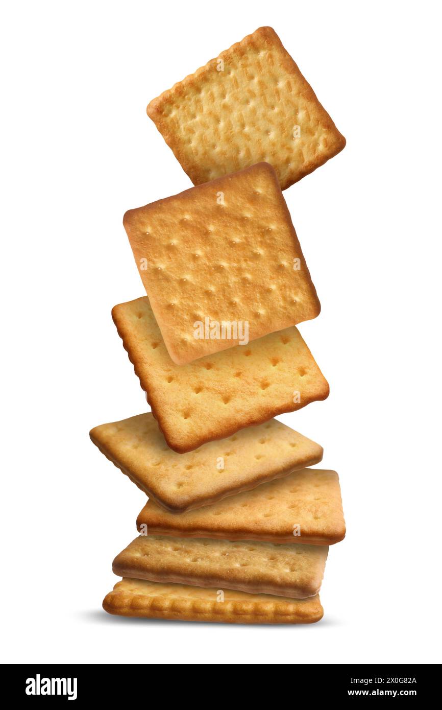 Tasty dry crackers falling on white background Stock Photo - Alamy