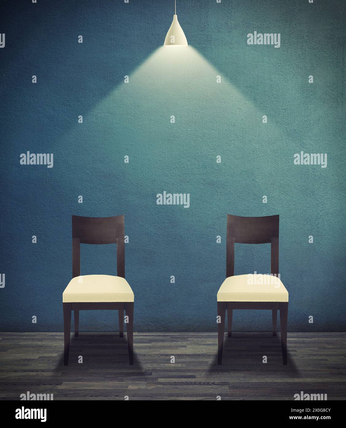 Illustration, empty room and interrogation with light on chair for ...