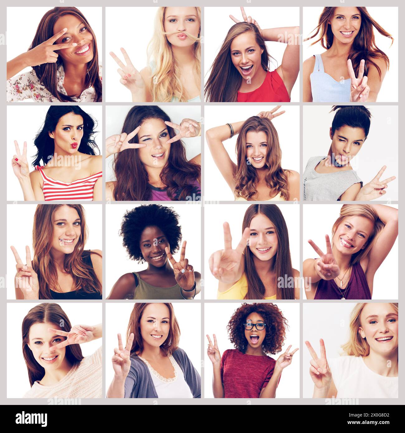 Collage, women and portrait with peace hand sign in a studio with smile ...