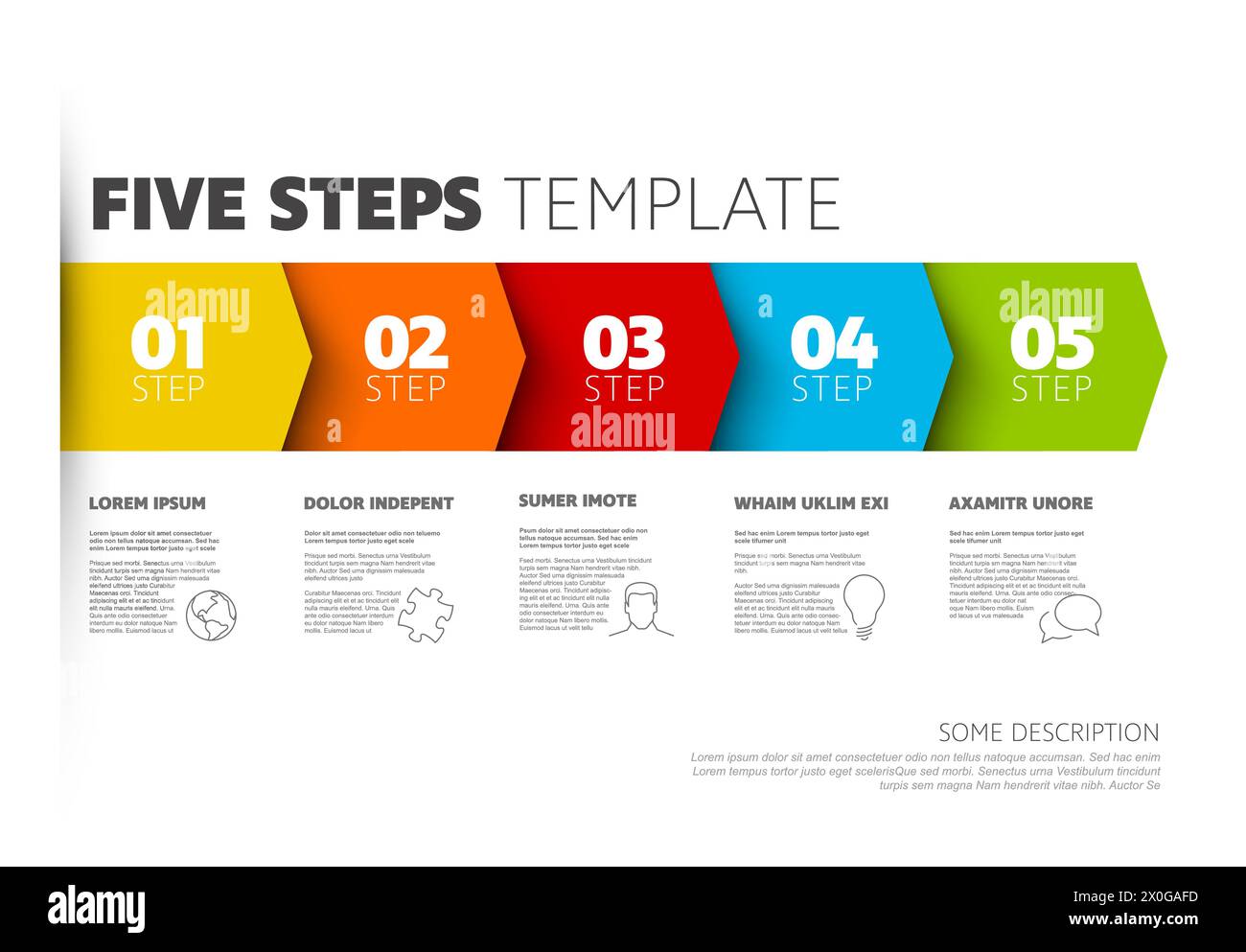 Five steps progress procedure infochart template with descriptions icons titles and big numbers ...