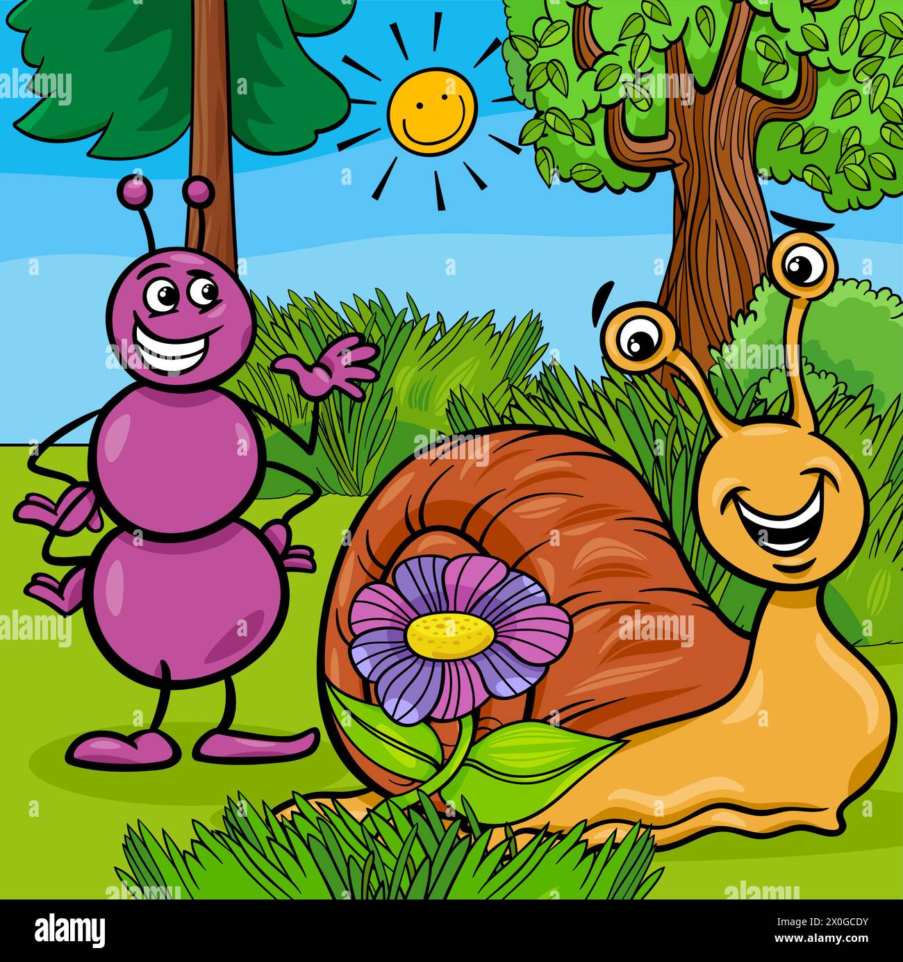Cartoon illustration of ant and snail funny animal characters in the ...