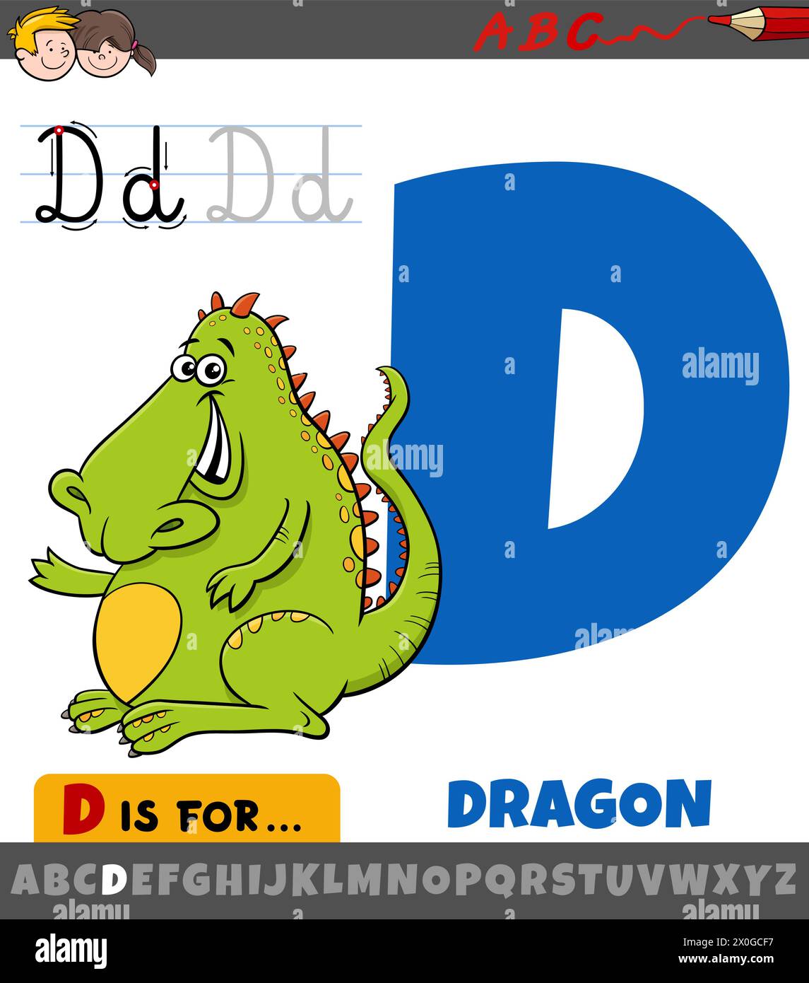 Educational cartoon illustration of letter D from alphabet with fantasy ...