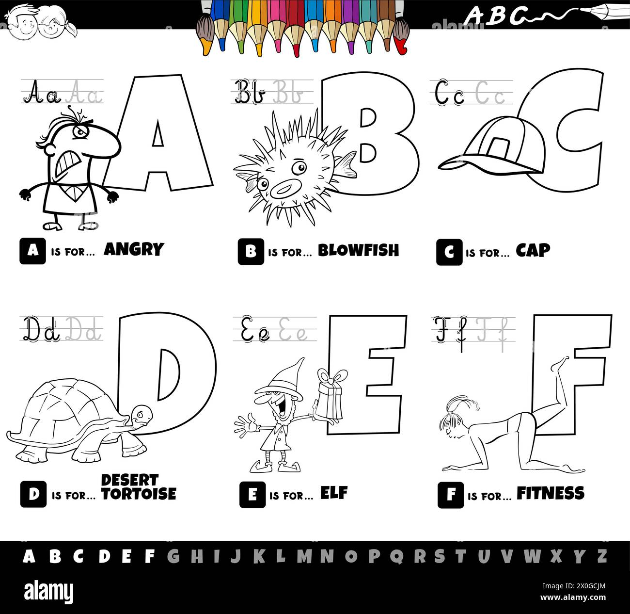 Black and white cartoon illustration of capital letters from alphabet ...