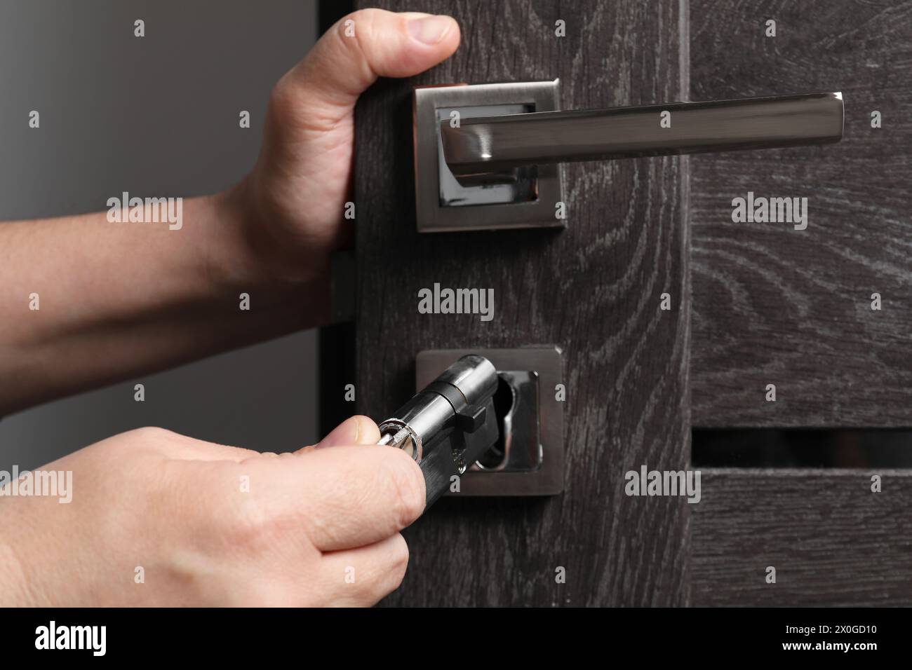 Handyman changing core of door lock indoors, closeup Stock Photo - Alamy