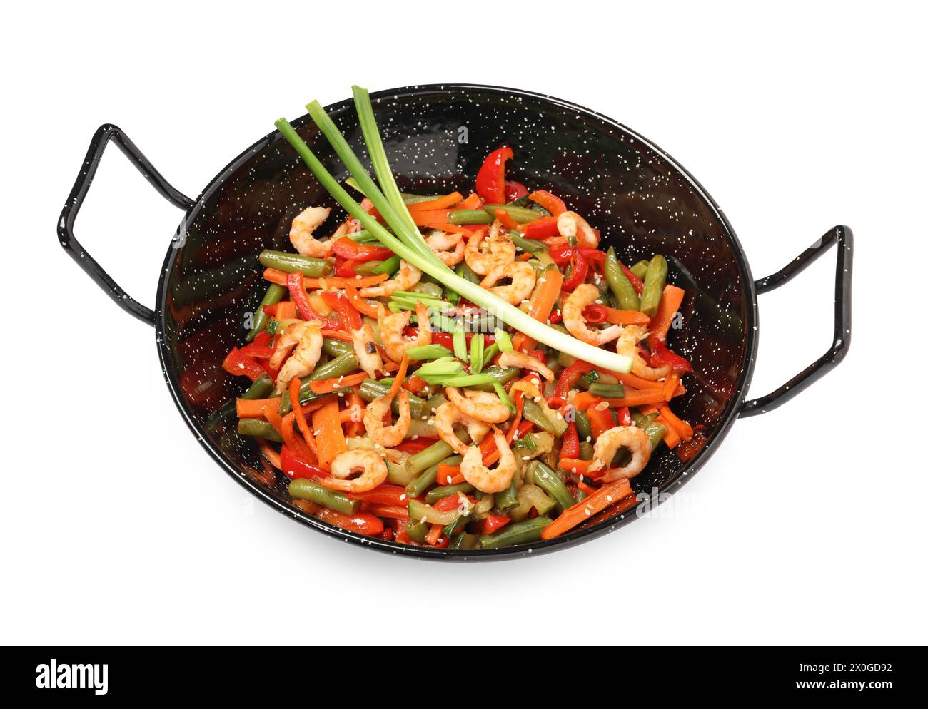 Shrimp stir fry with vegetables in wok on white background Stock Photo ...