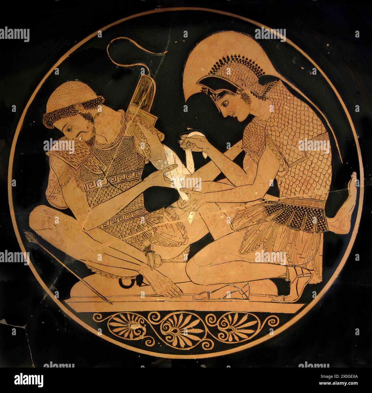 Achilles tending Patroclus wounded by an arrow, Attic red-figure kylix ...