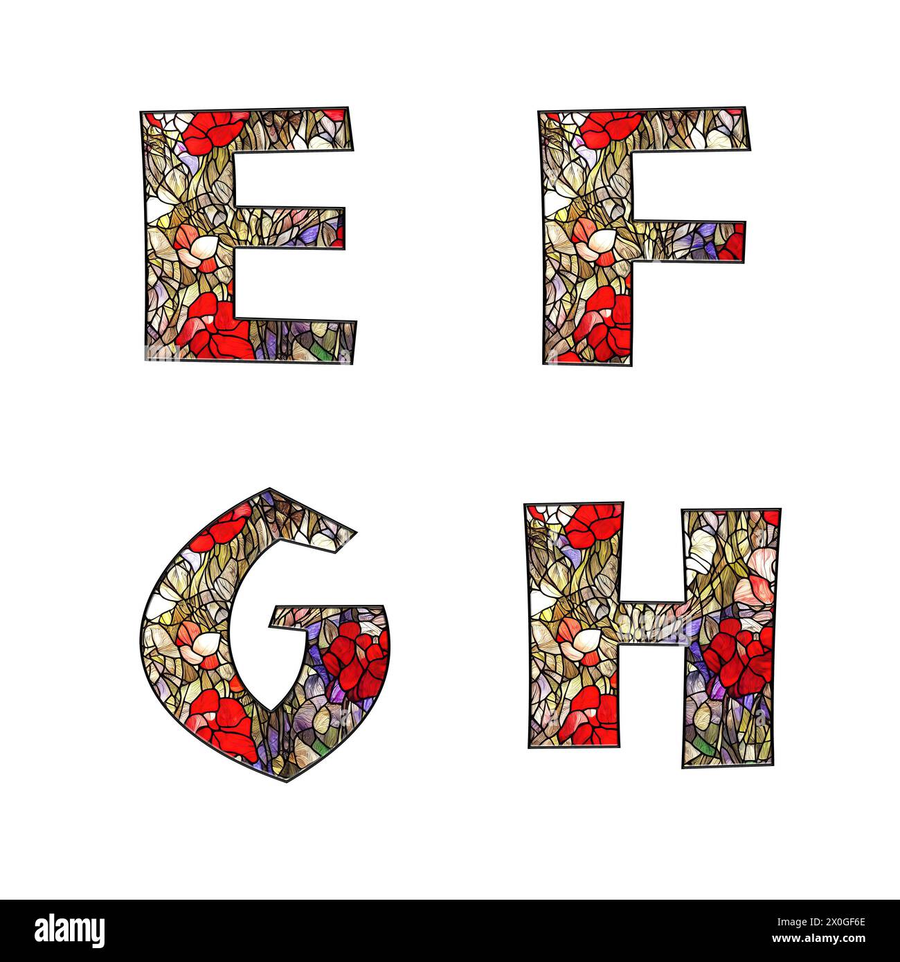 Illustration of stained glass floral ornamental alphabet - letters E-H ...