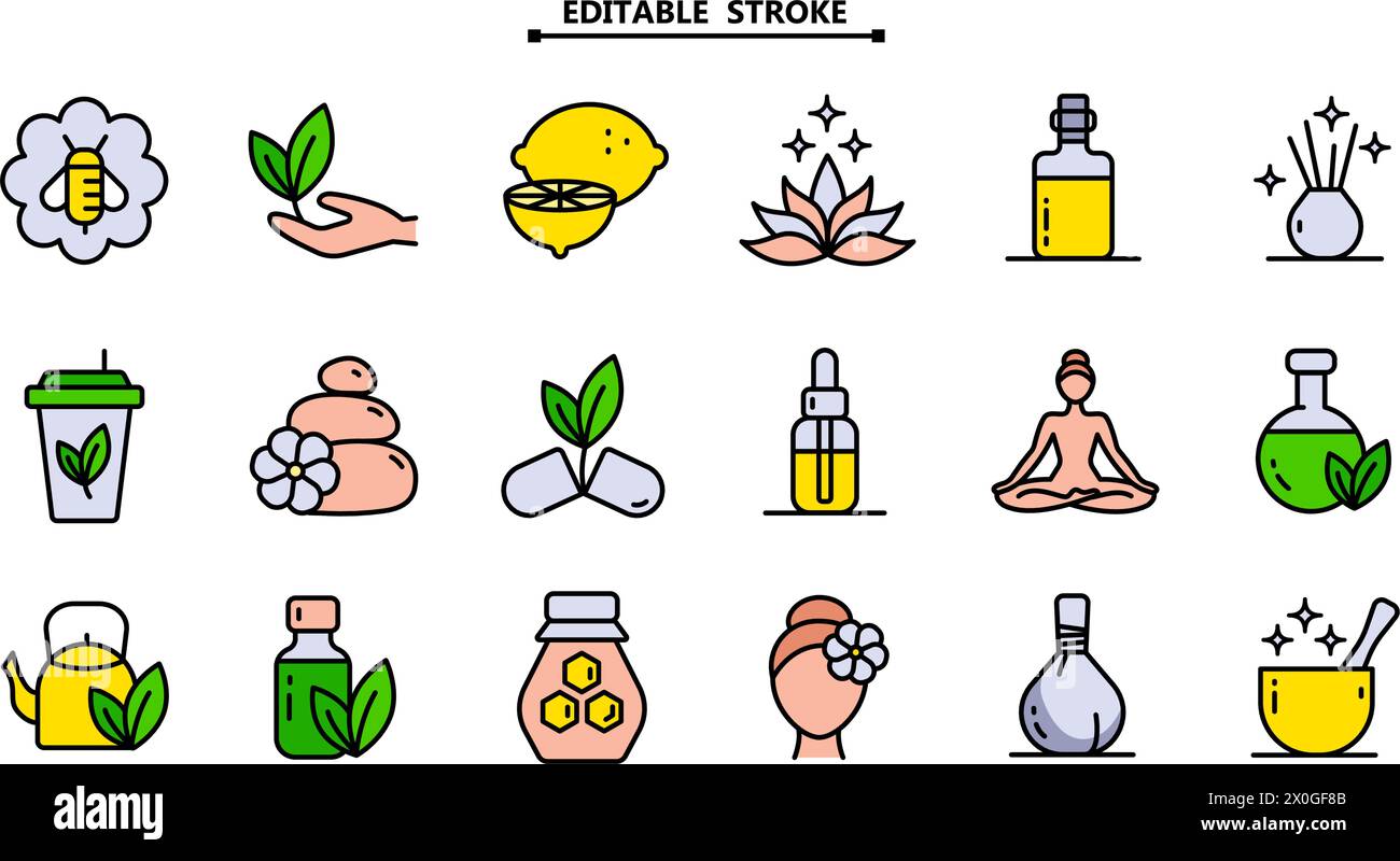 Ayurveda icons set. Editable stroke size. Color flat pictogram vector ...