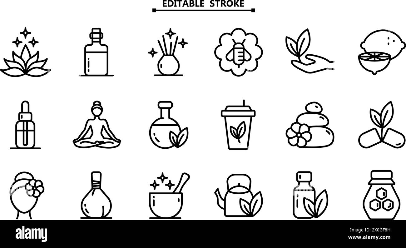 Ayurveda icons set. Editable stroke size. Outline pictogram vector ...