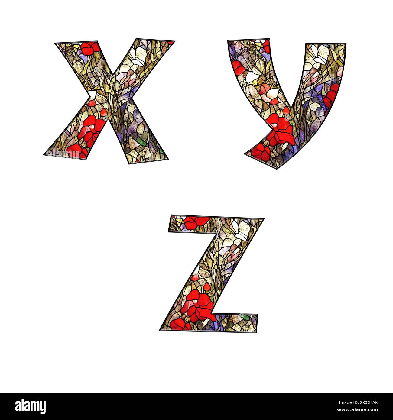 Illustration of stained glass floral ornamental alphabet - letters X-Z ...