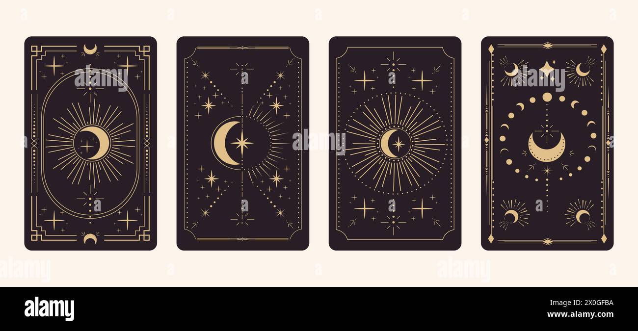Set tarot reverce border card frame gold line border celelstial mystery ...