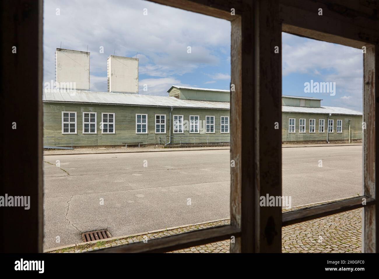 Mauthausen memorial concentration camp. Barracks and roll call square ...