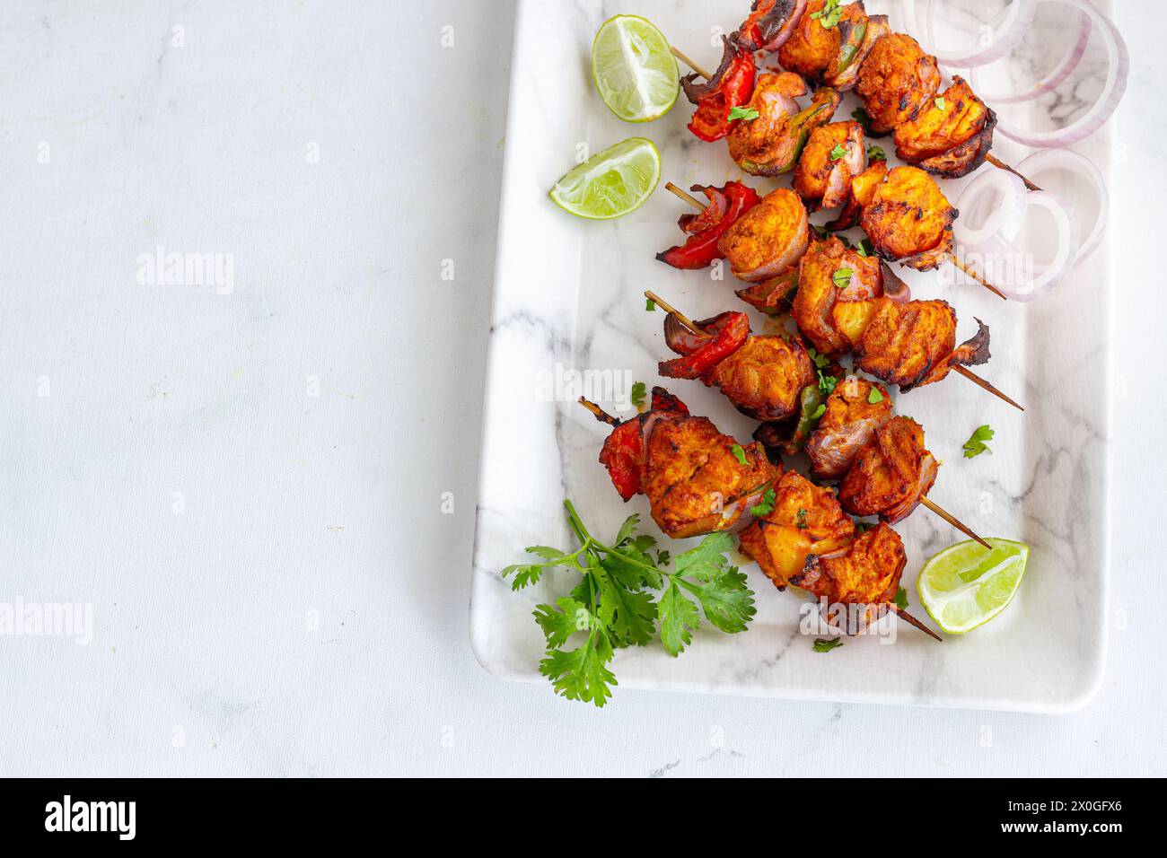 Tandoori Chicken Tikka Kebab with Condiment Directly Above Photo Stock ...