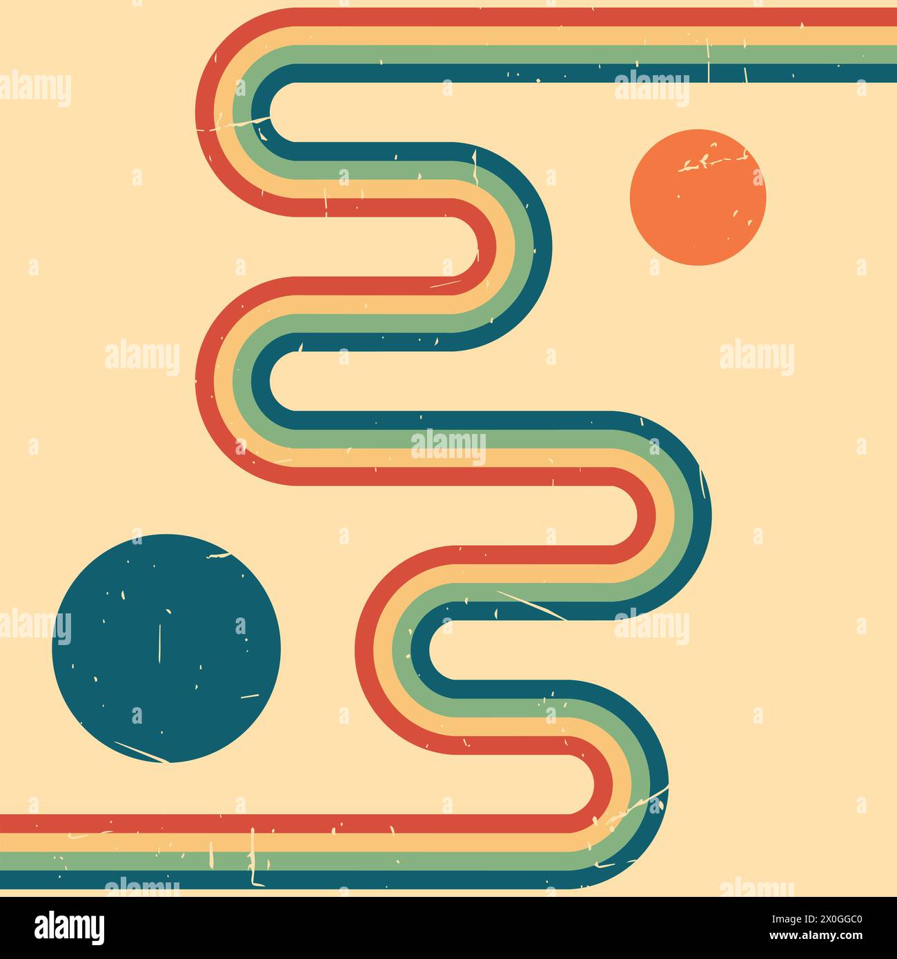 Abstract vintage retro background. Twisted wavy rainbow and circles ...