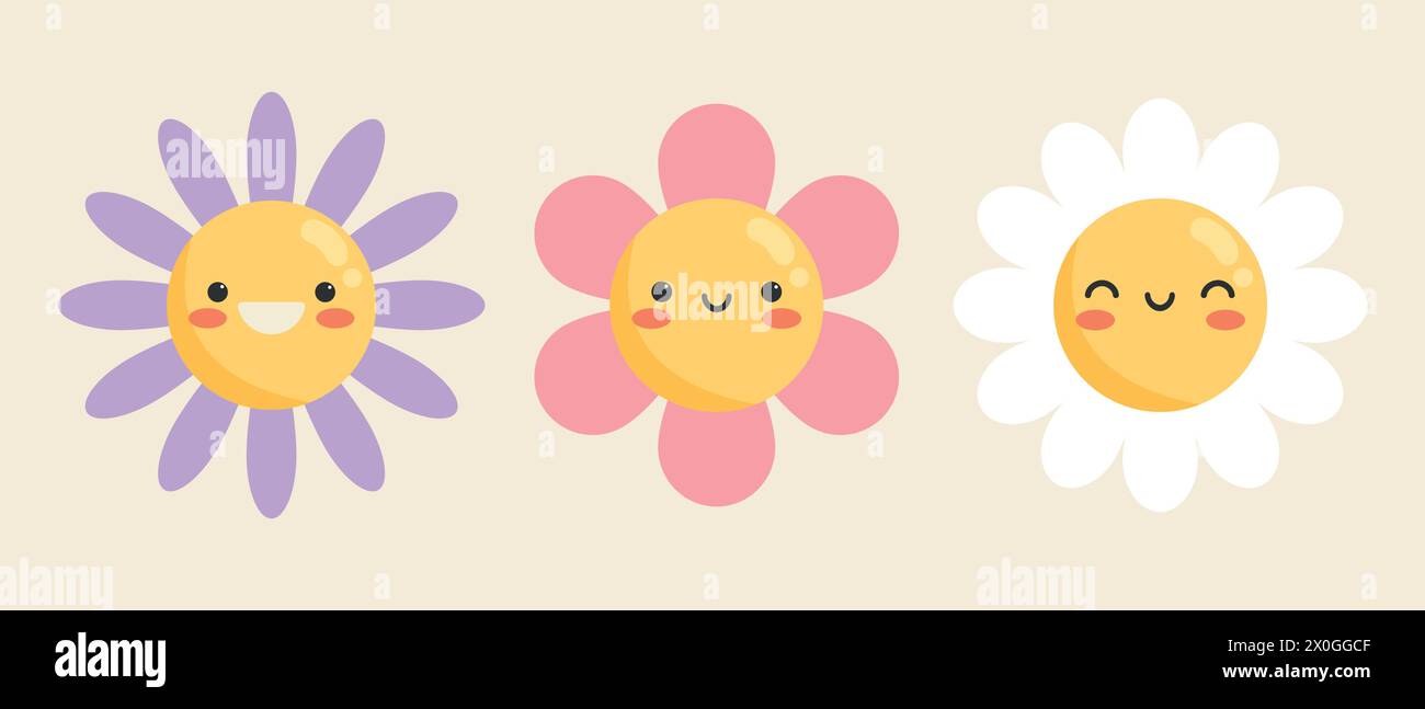 Cute cartoon smiling flower characters set. Childish style. Vector ...