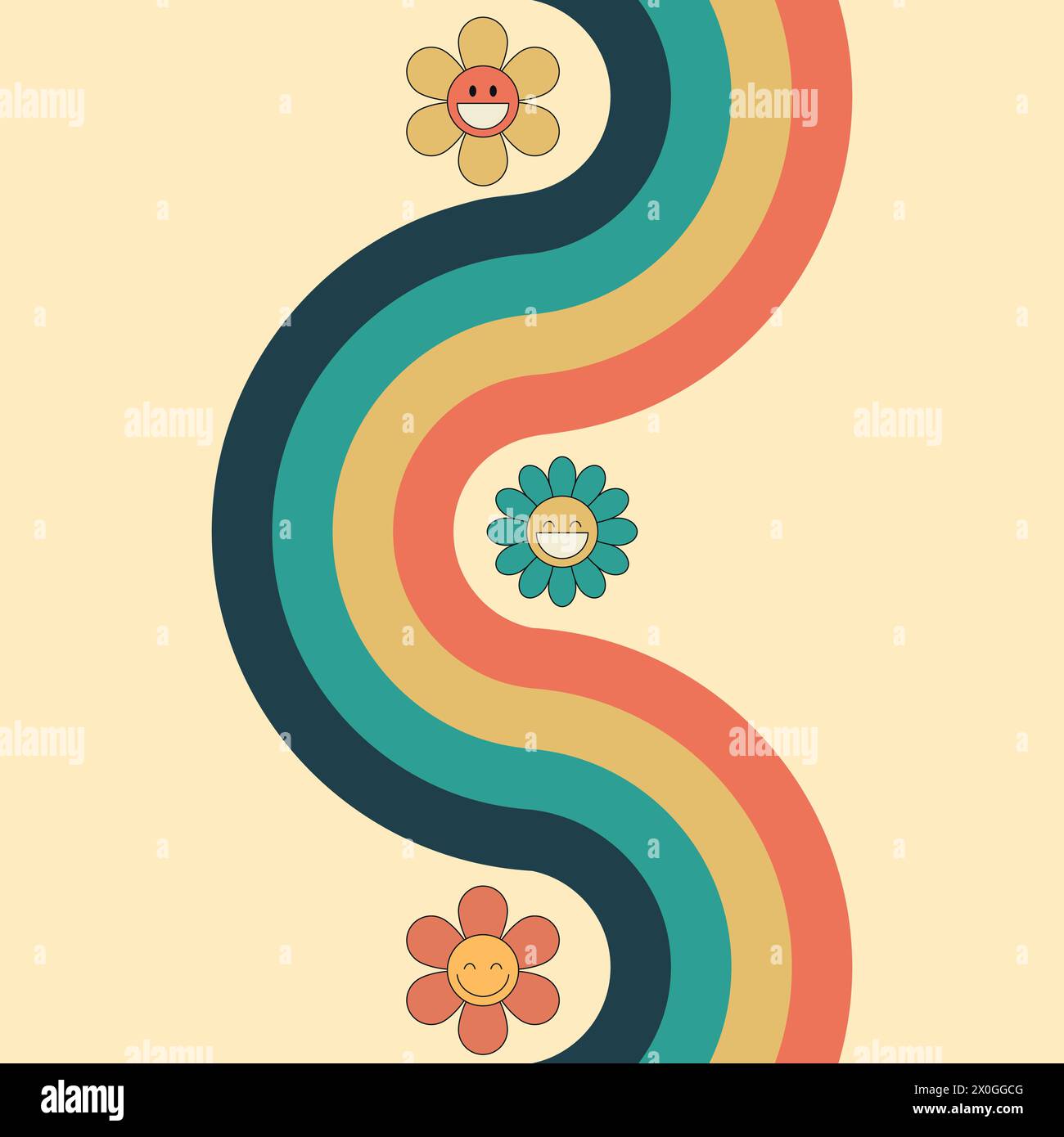 Groovy background with rainbow and daisy flowers. 70 s Hippie retro style. Vector illustration ...