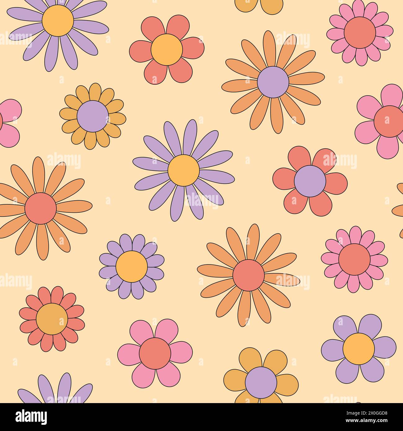 Groovy flower seamless pattern. Hippie retro style. Vector illustration ...