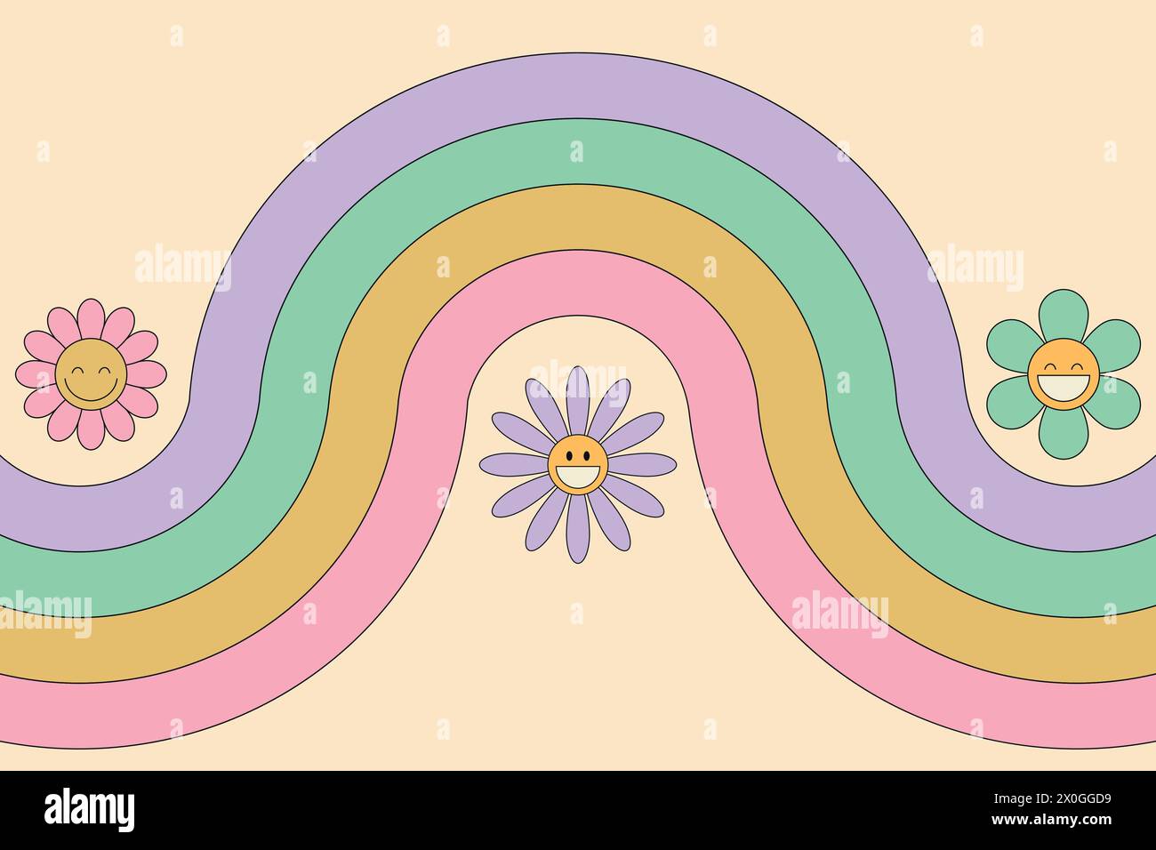Groovy background with rainbow and smiling daisy flowers. 60s 70 s Hippie retro style. Vector ...