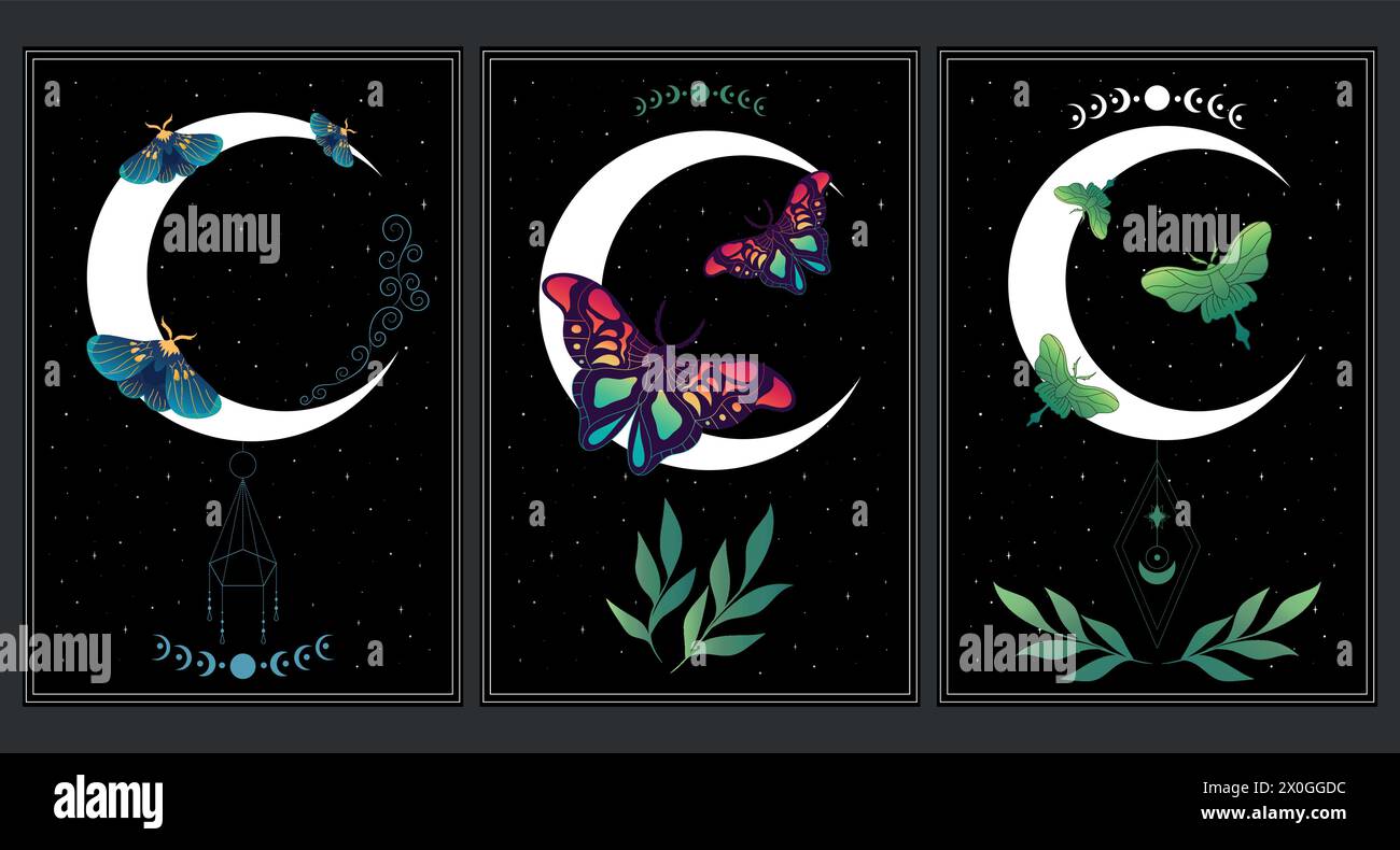 Set of celestial background with butterflies, stars and crescent moon ...