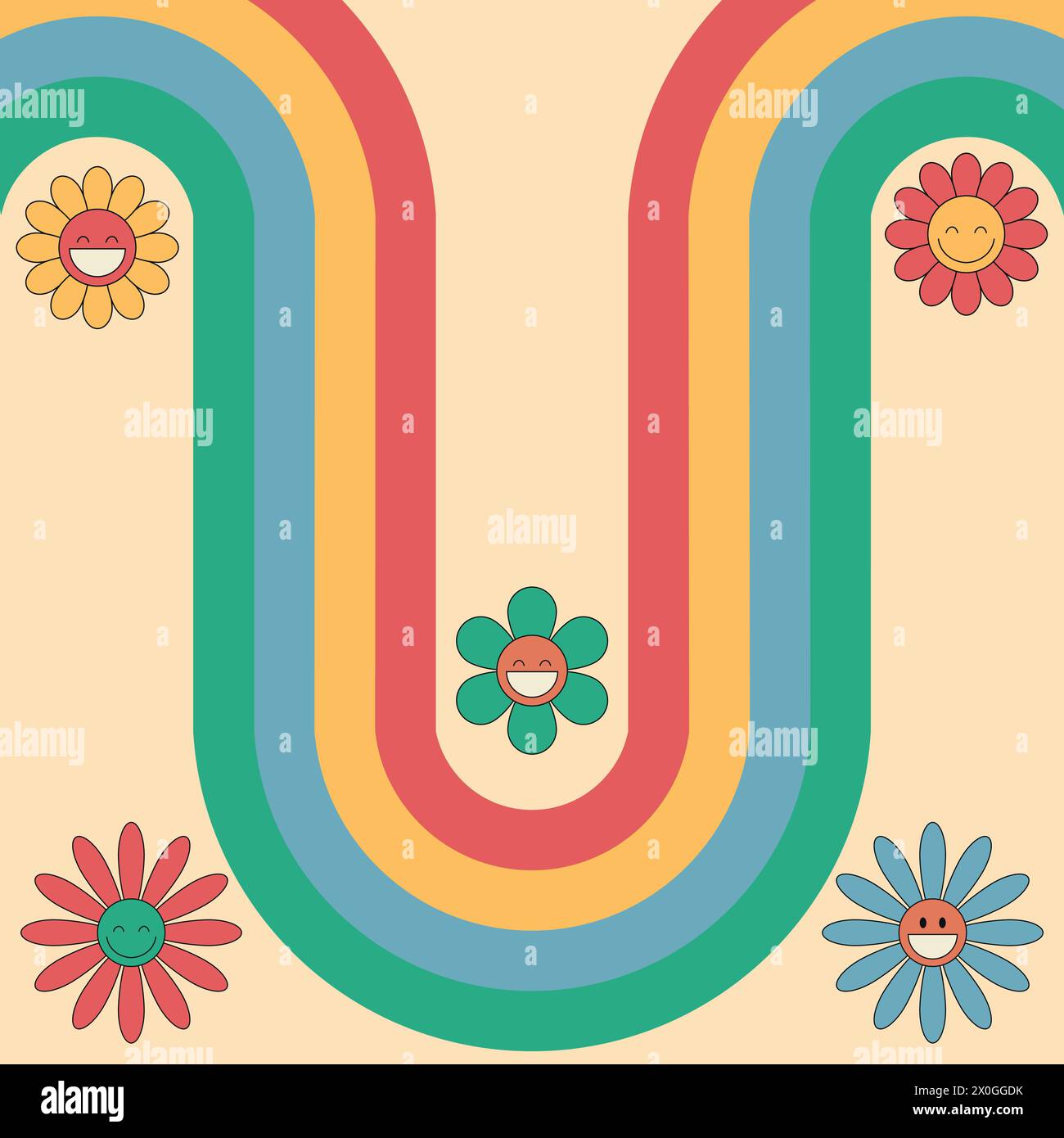Groovy background with daisy flowers and rainbow. 70 s Hippie retro style. Vector illustration ...
