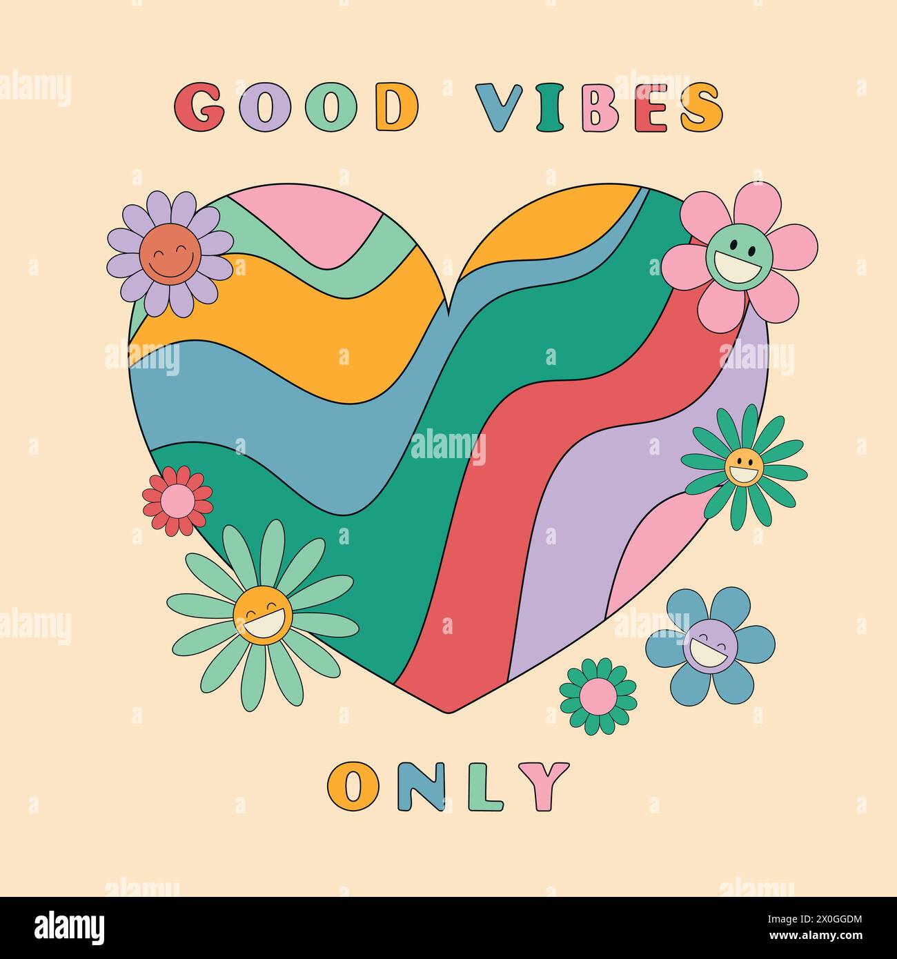 Good vibes only slogan groovy background. Wavy heart and smiling daisy flowers. 70 s Hippie ...