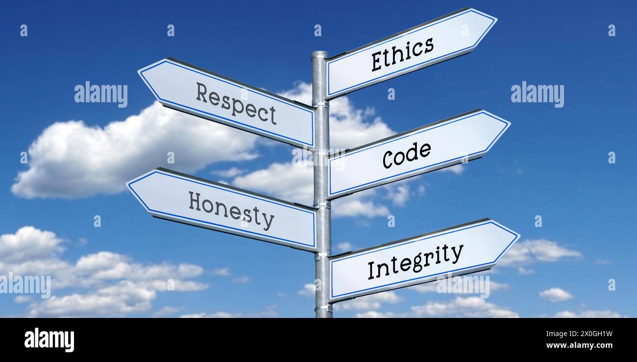 Ethics, respect, code, honesty, integrity - signpost with five arrows ...