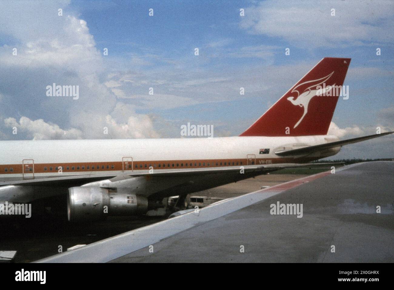 A Boeing 747 of the Australian airline Qantas at Jakarta airport ...