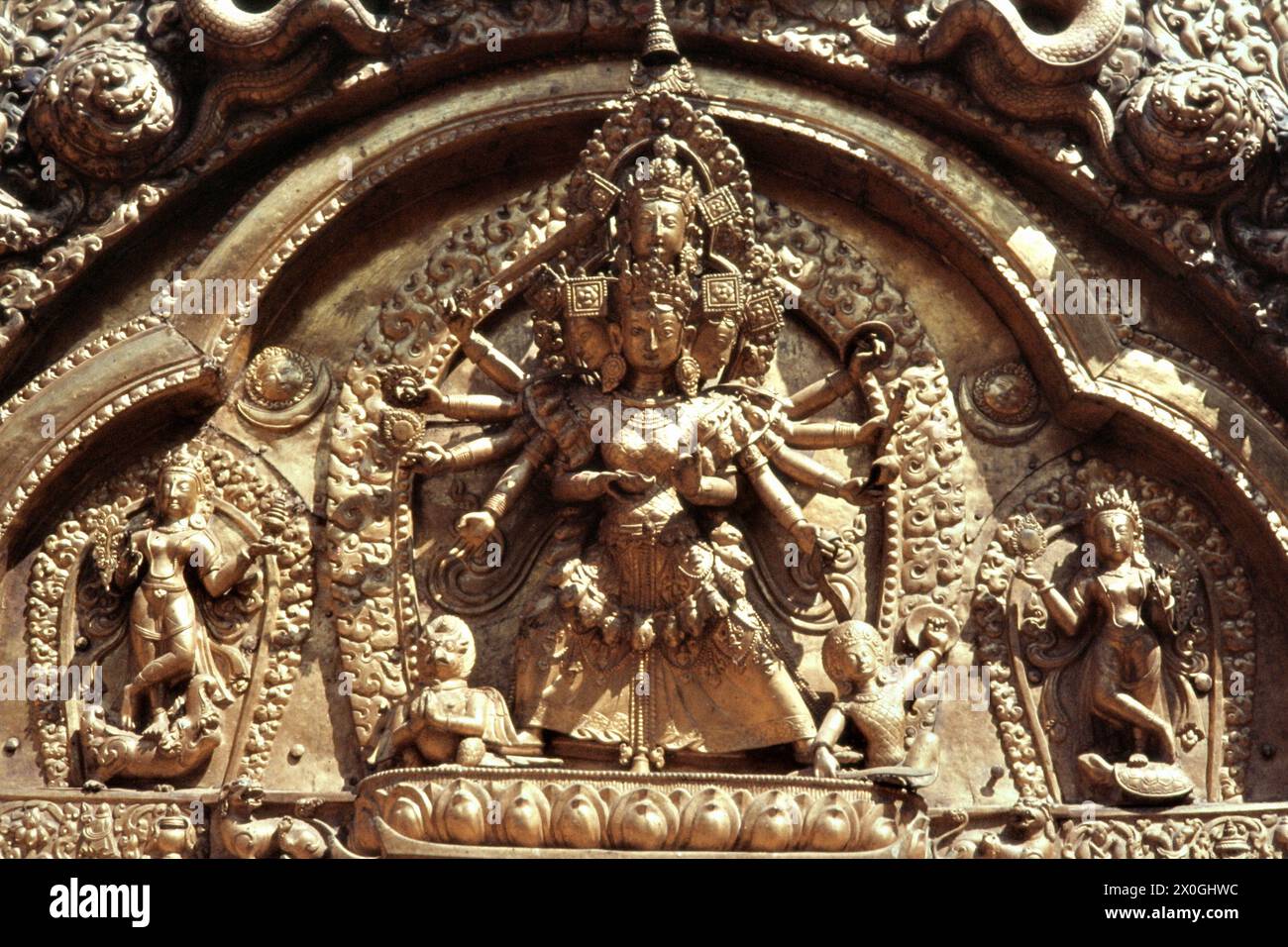 A detailed image of the Hindu goddess Taleju Bhawani on the tympanum of ...