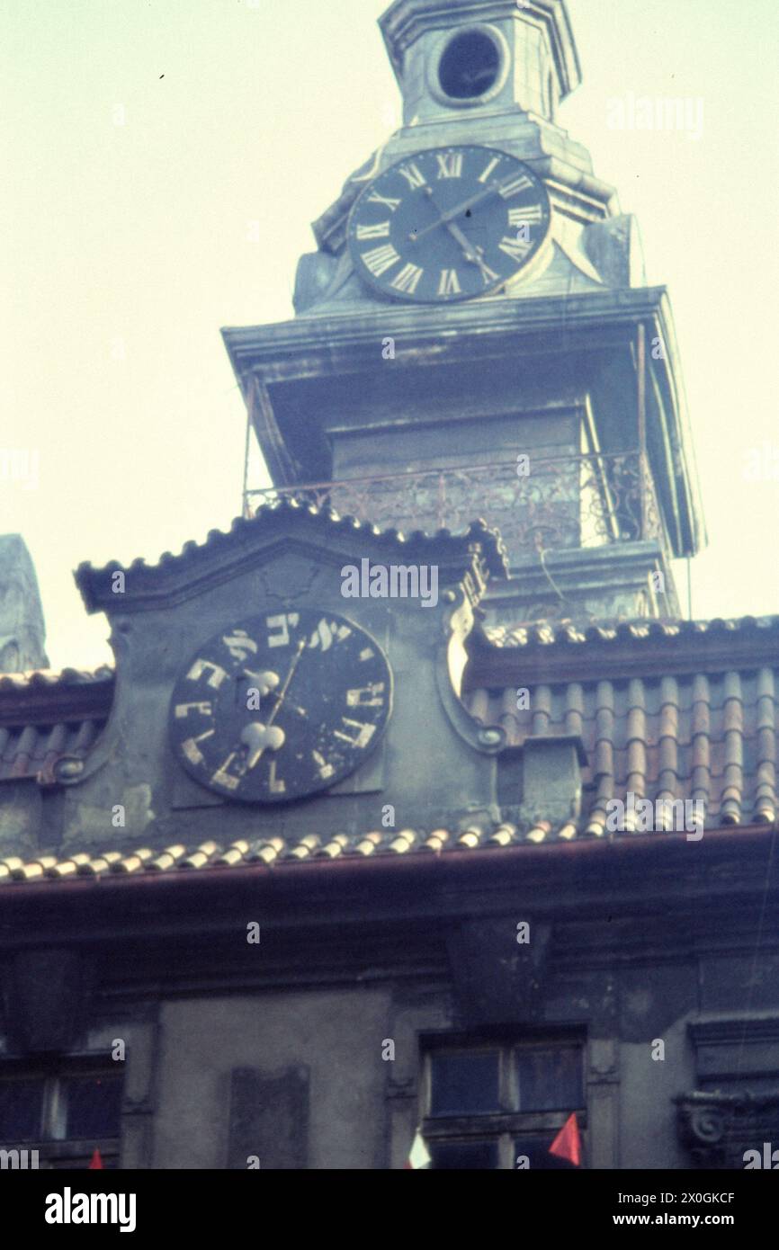 Old town, old Jewish town hall, clocks, Prague, Czech Republic ...