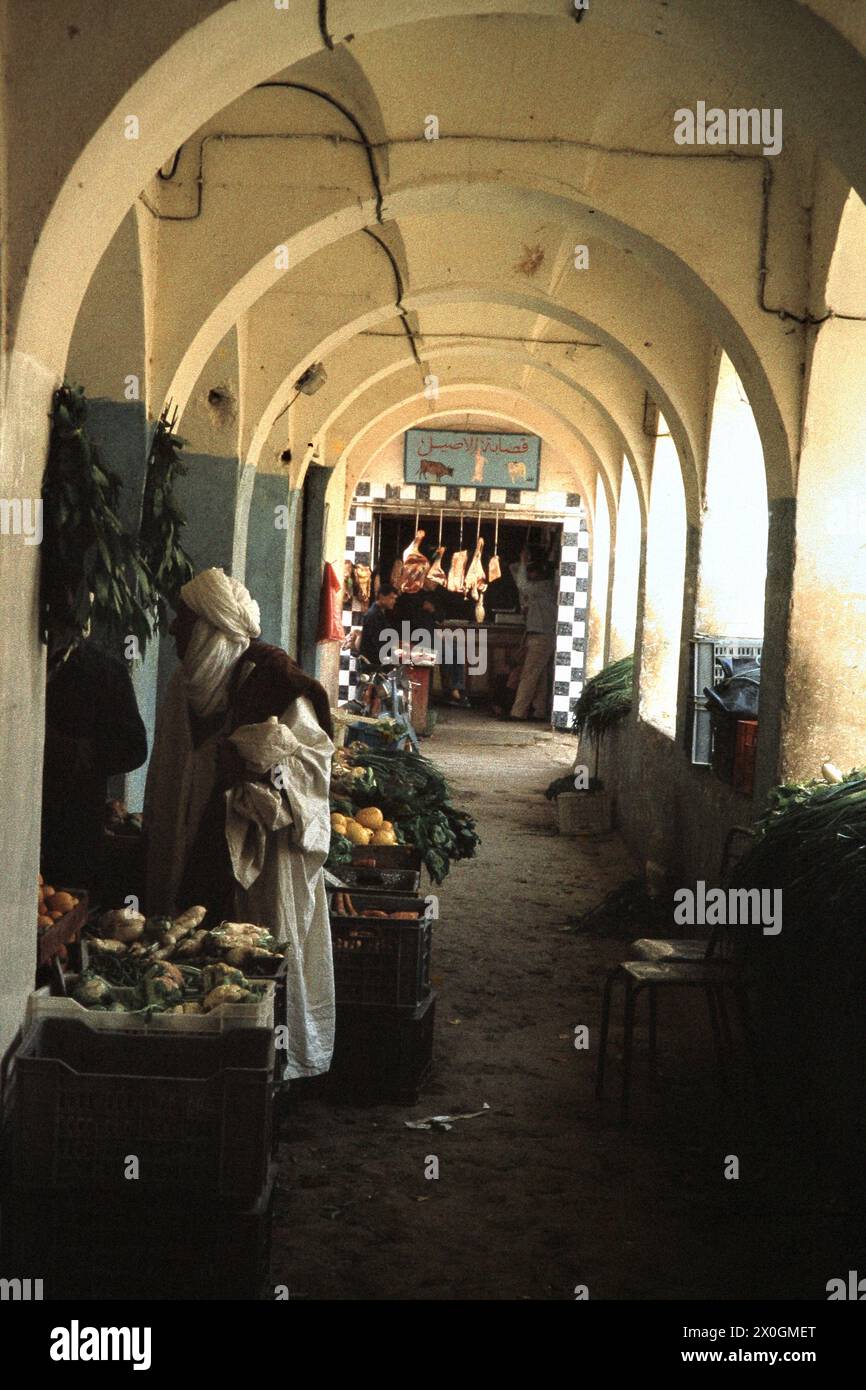 Fruit, vegetable and meat traders in an arcade at the market of El Qued ...