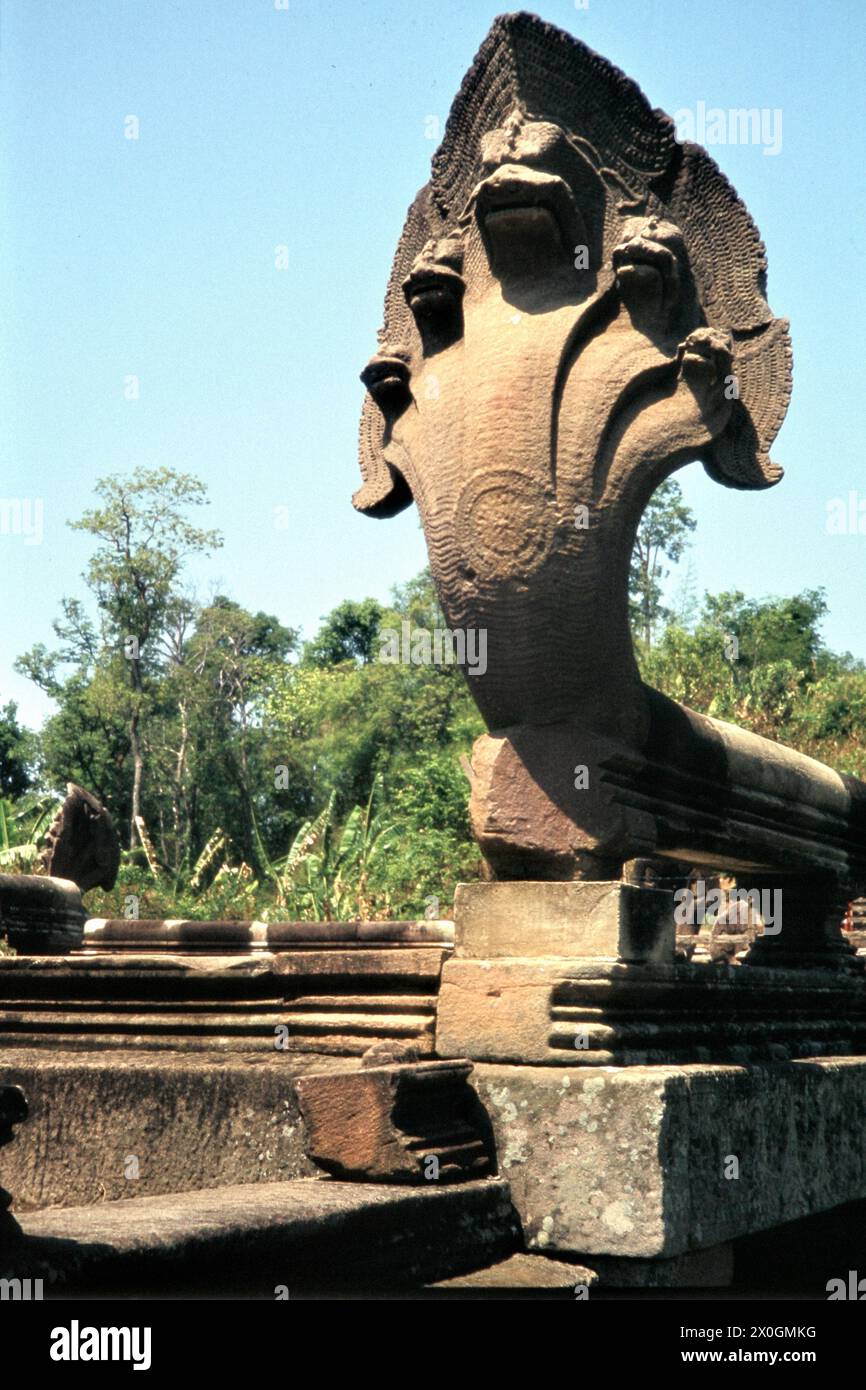 Stone sculpture of the Hindu snake deity Naga at the stairs of the ...