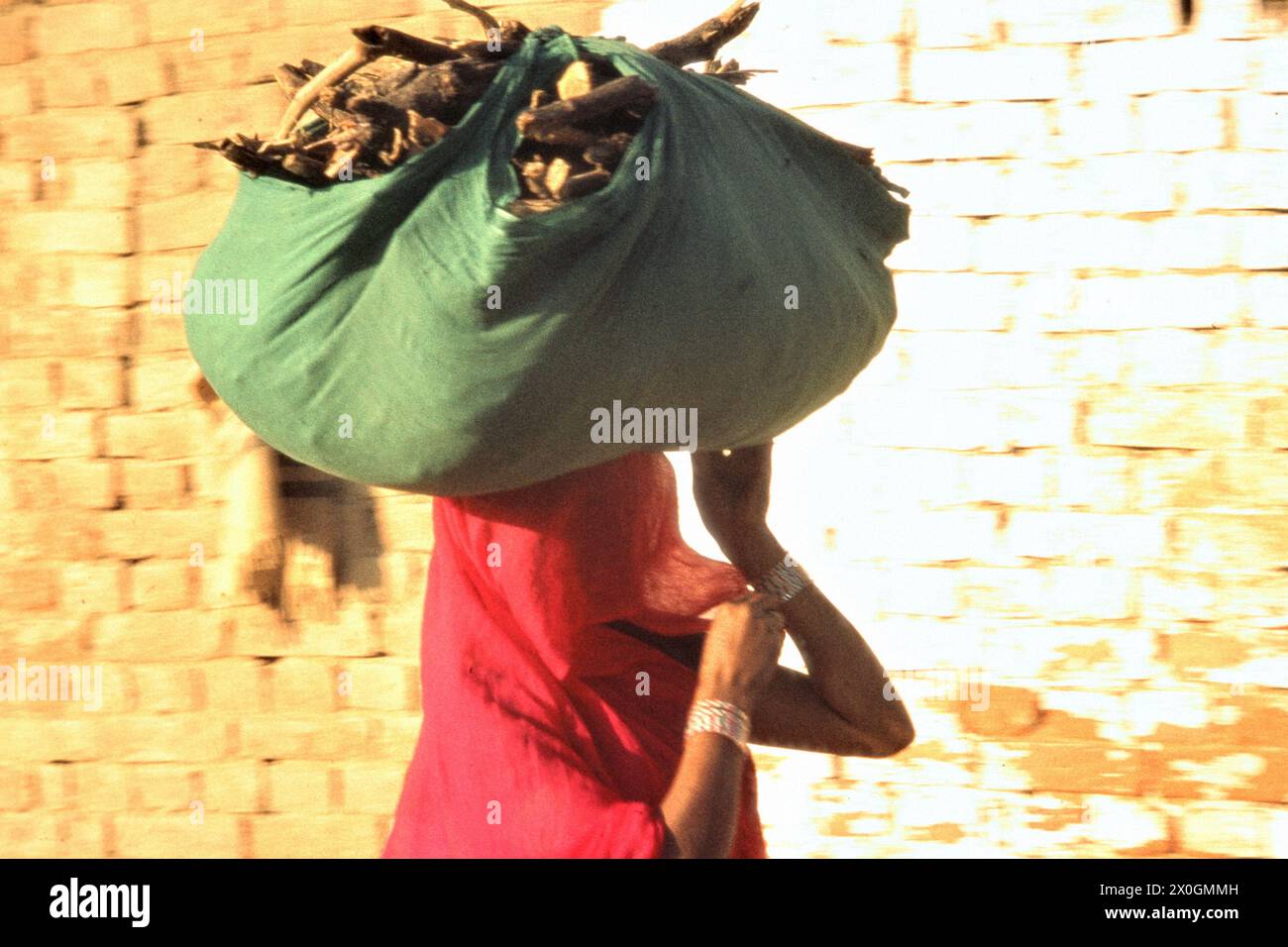 A veiled woman in Mirzapur is carrying a sack full of sticks on her ...