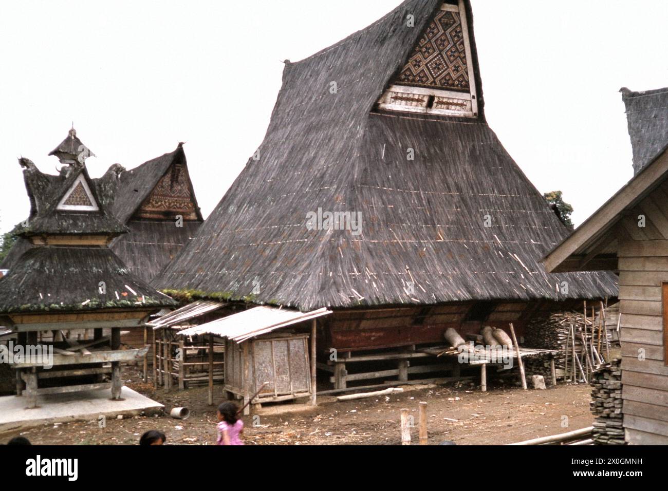 Children play in front of a typical Karo Batak house in Lingga near Brastiagi. [automated ...